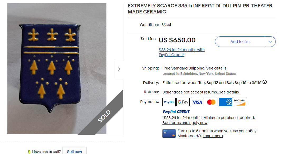 Question about 335th Infantry Regiment DI that sold on ebay ...