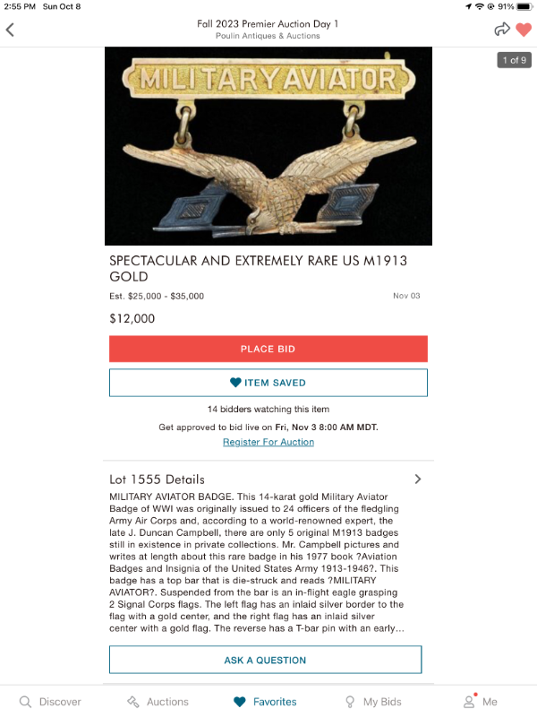 14-karat gold Military Aviator Badge of WWI - WING BADGES - U.S ...