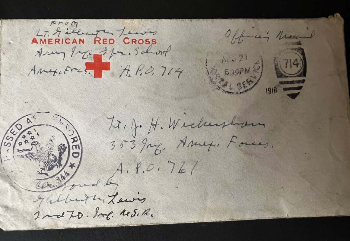 Red Cross envelope from 1LT Gilbert M. Lewis (KIA 3 Nov 1918) to 2LT J ...