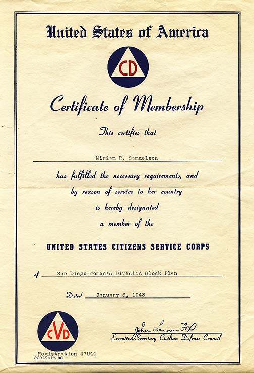 Civil Defense Certificate and Card - HOMEFRONT & THE WAR EFFORT - U.S ...